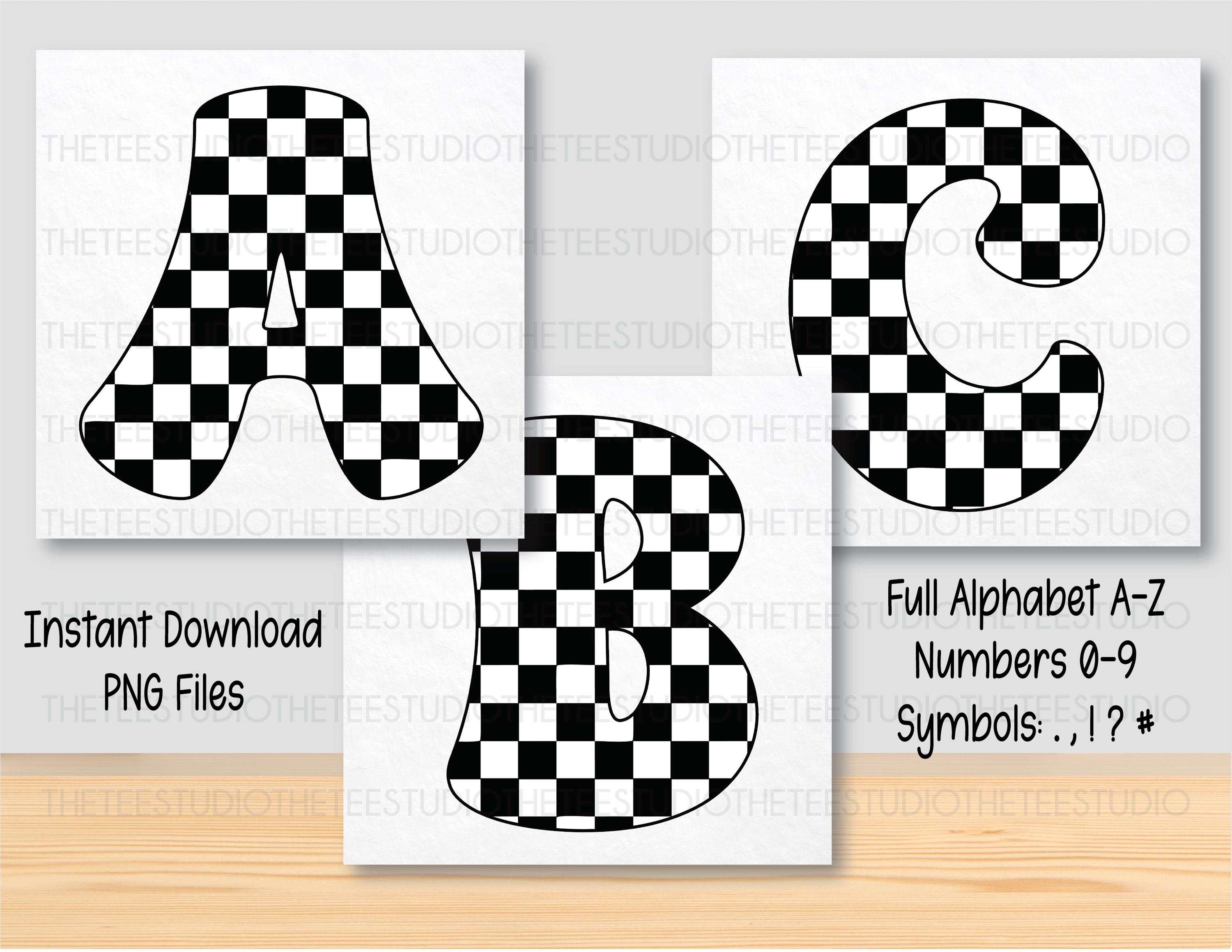Retro Checkered Alphabet PNG: Black and White Letters, Numbers (digital ...