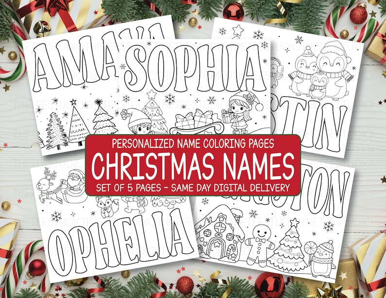 Custom Name Christmas Coloring Pages – 5 Festive Designs (digital ...