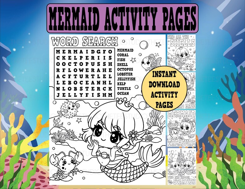 Mermaid Activity Pages Kids Printable Games Coloring Underwater Animals ...
