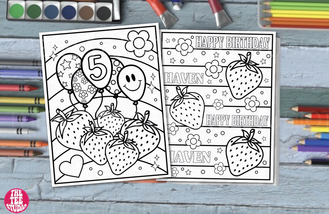 Personalized Strawberry Birthday Coloring Pages: Kids Party Activity ...