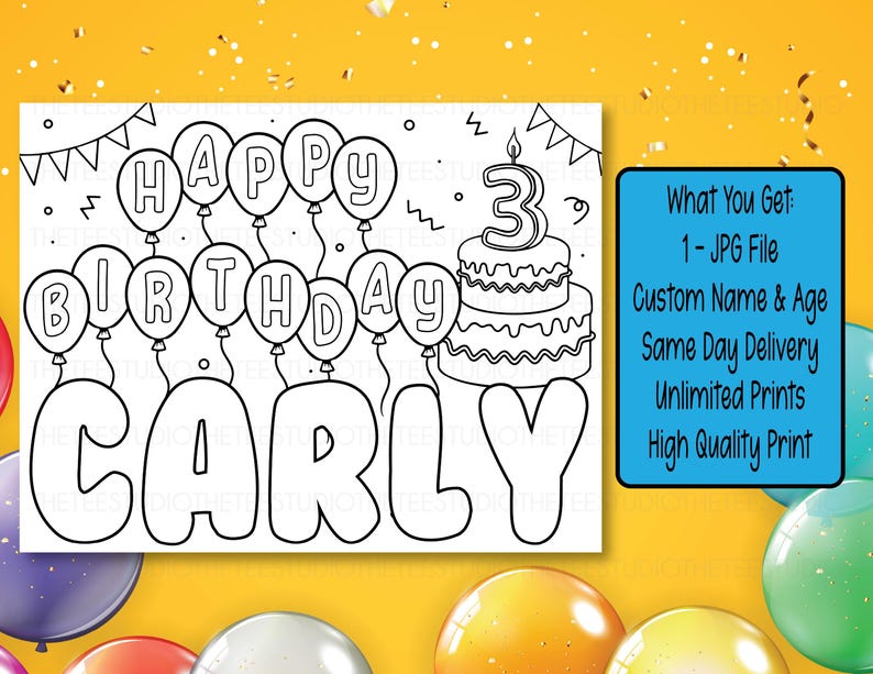 Personalized Birthday Coloring Page, Custom Name & Age Cake (digital ...