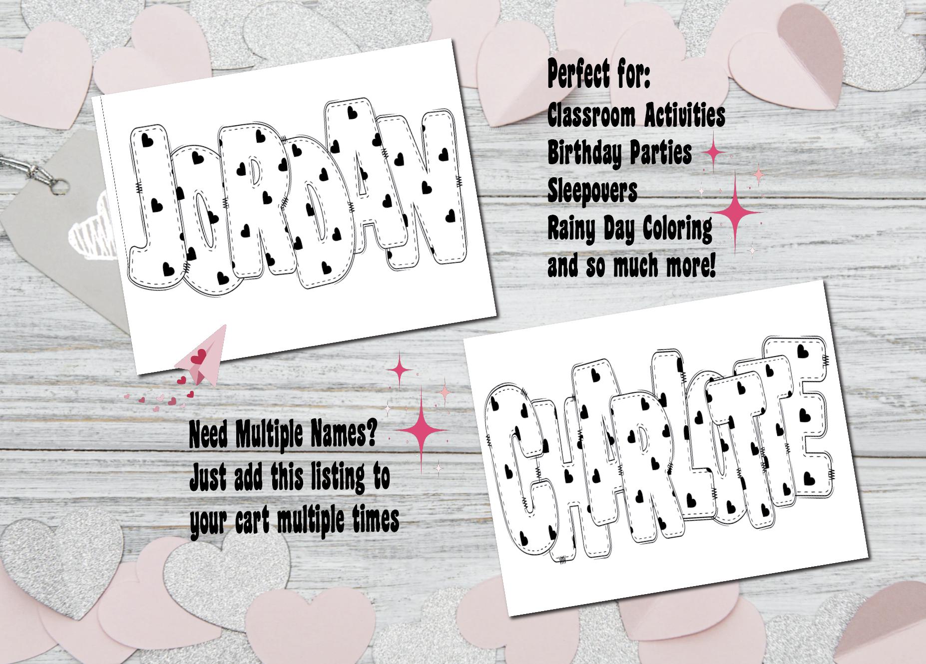 Valentine's Day Custom Name Coloring Page: Heart Doodle Design (digital ...