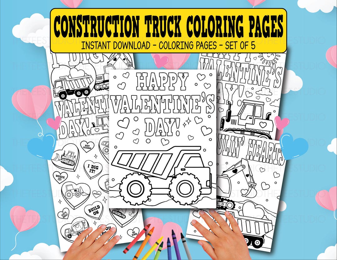 Construction Truck Valentine Coloring Pages, Classroom Activity (PDF ...
