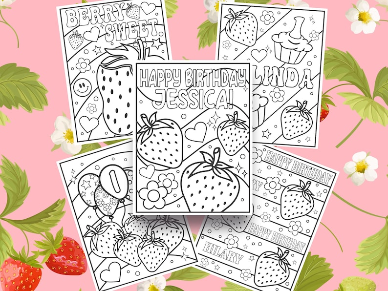 Personalized Strawberry Birthday Coloring Pages: Kids Party Activity ...