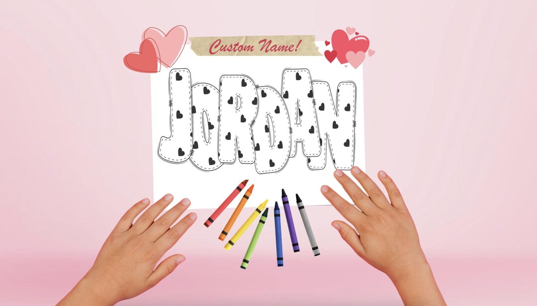 Valentine's Day Custom Name Coloring Page: Heart Doodle Design (digital ...