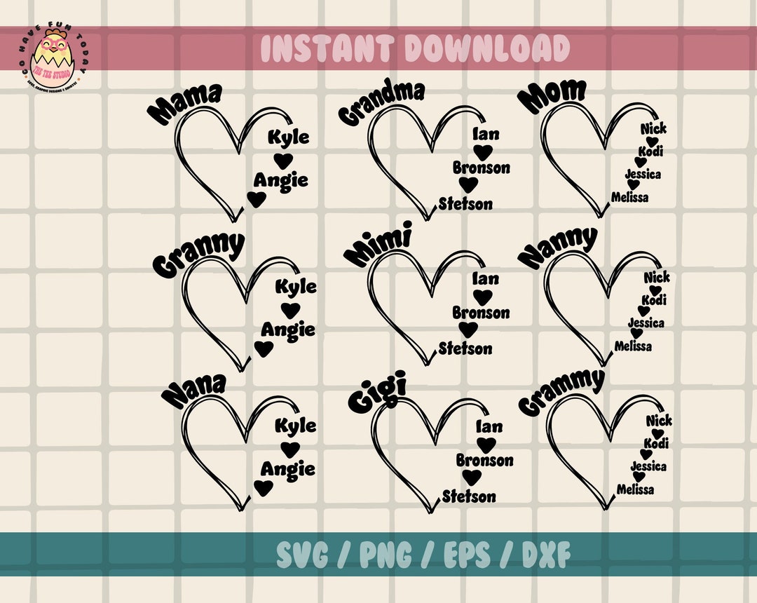 Custom Heart Name Bundle Svg, Kids Grandkids Names, Mother Grammy Mimi ...