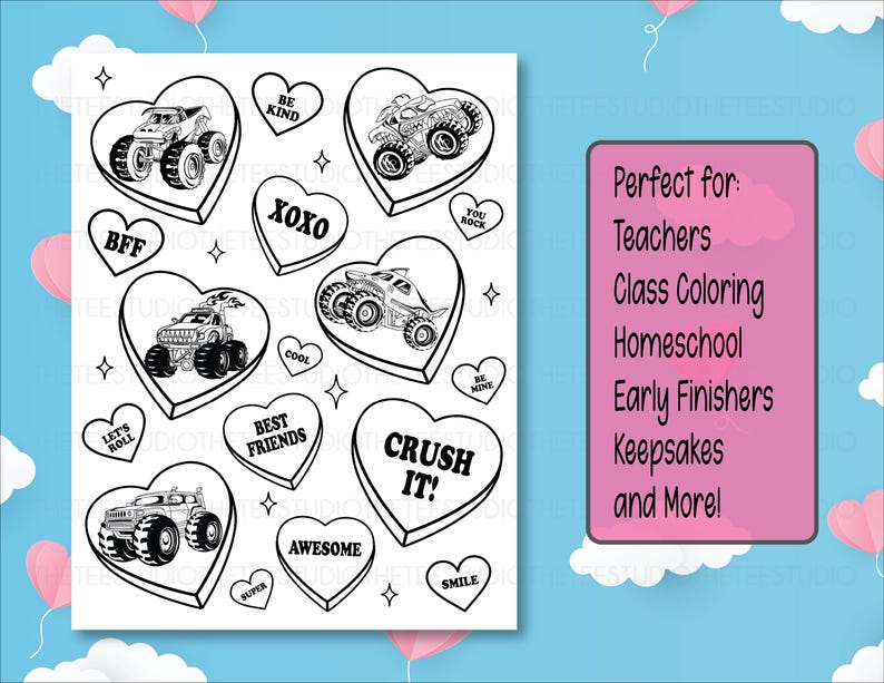 Monster Truck Valentine Coloring Pages for Classroom - Instant Download ...