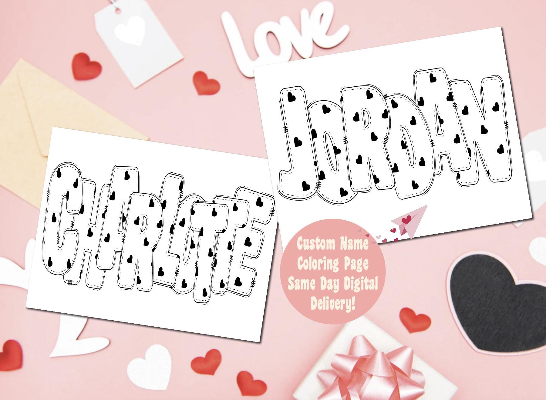 Valentine's Day Custom Name Coloring Page: Heart Doodle Design (digital ...