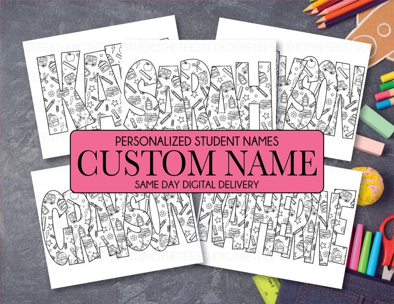 Custom Name Coloring Page: School Theme (digital Download) - Etsy