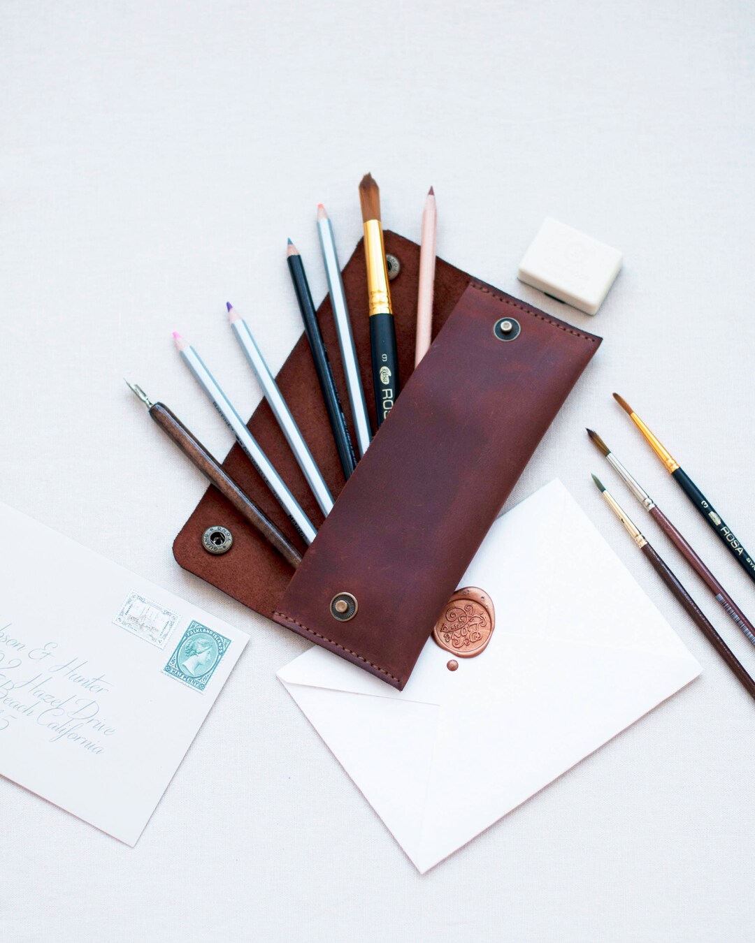 Leather Pen Case Pen Case Leather Pen Holder Handmade Cosmetic Bag ...