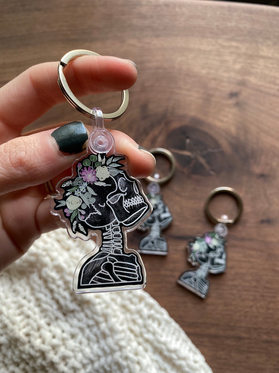 2" Flower Crown Wearing Skeleton Acrylic Keychain, Punk Key Chain ...