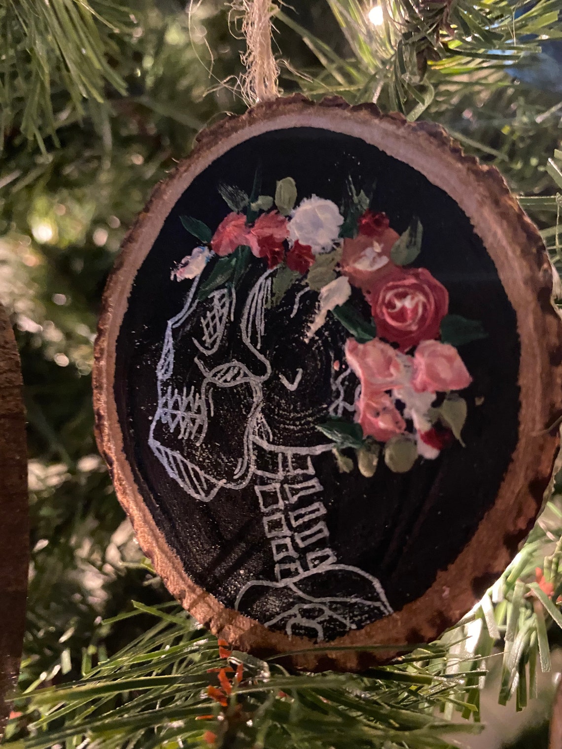 Flower crown skeleton hand painted wood slice ornament | Etsy