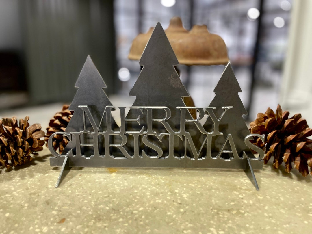 Steel Merry Christmas With Trees Scene Holiday Mantel Decor 3D ...