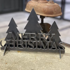 Steel Merry Christmas With Trees Scene Holiday Mantel Decor 3D ...