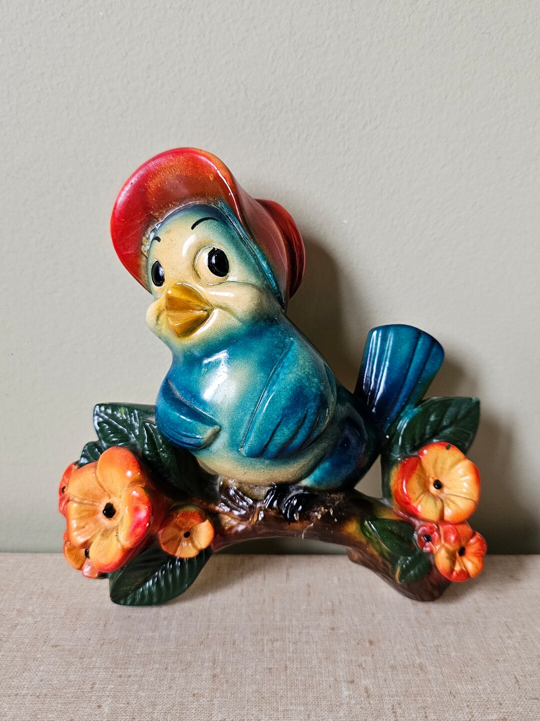 Vintage Favorware Chalkware Wall Art Blue Bird on Flowered Branch, Blue ...