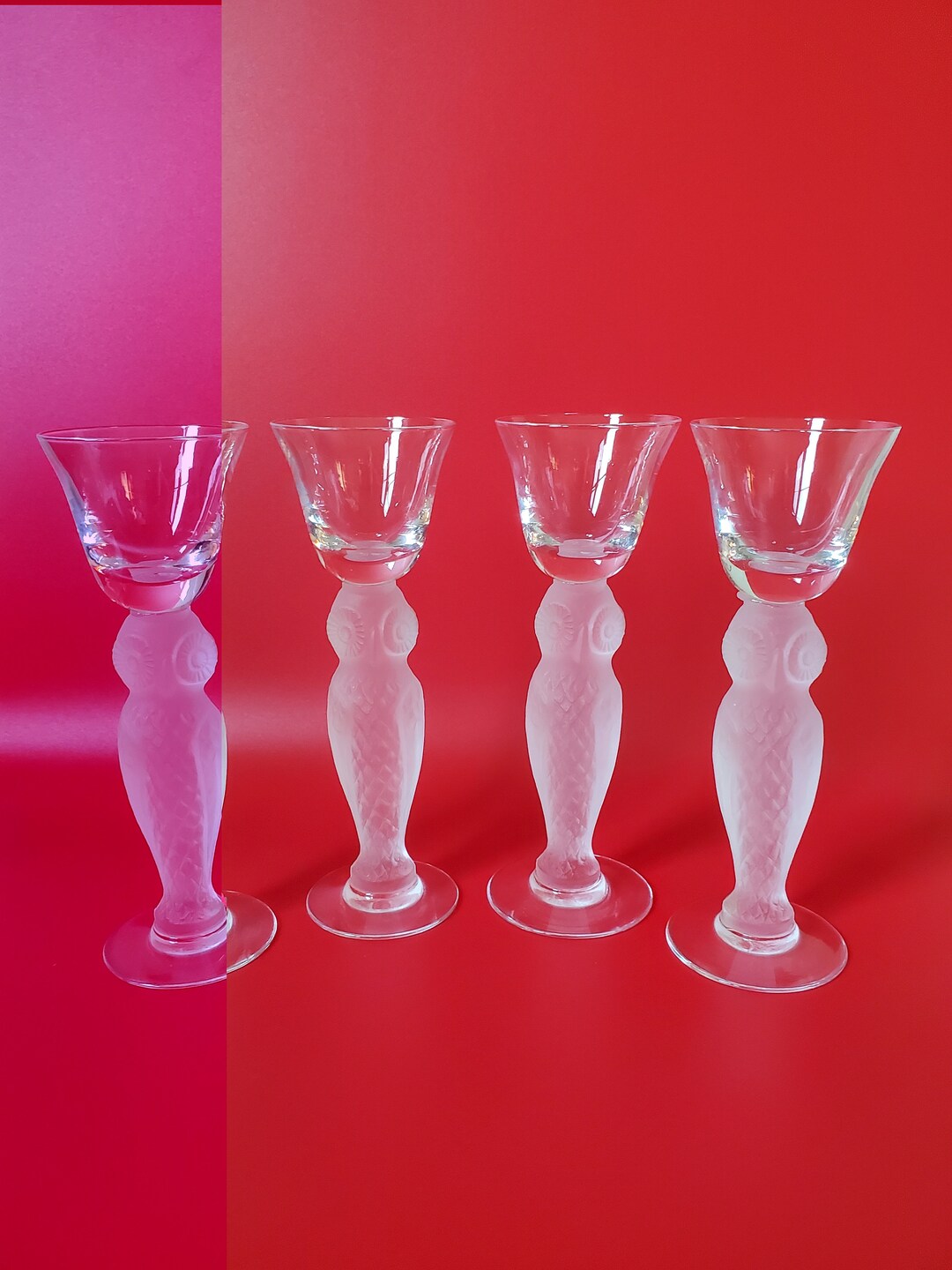 Vintage Bayel France Crystal Owl Liqueur Glasses, Set of Four, Frosted ...