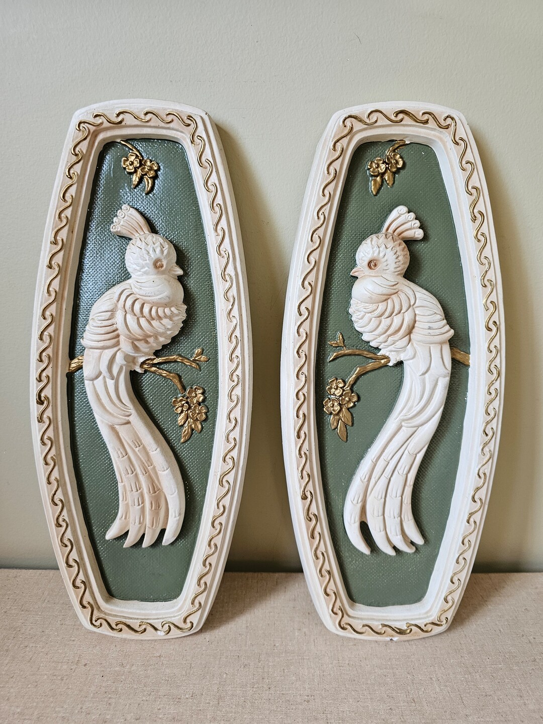 Vintage Chalkware Peacock Wall Plaques Tropical Bird Ivory and Green 60 ...