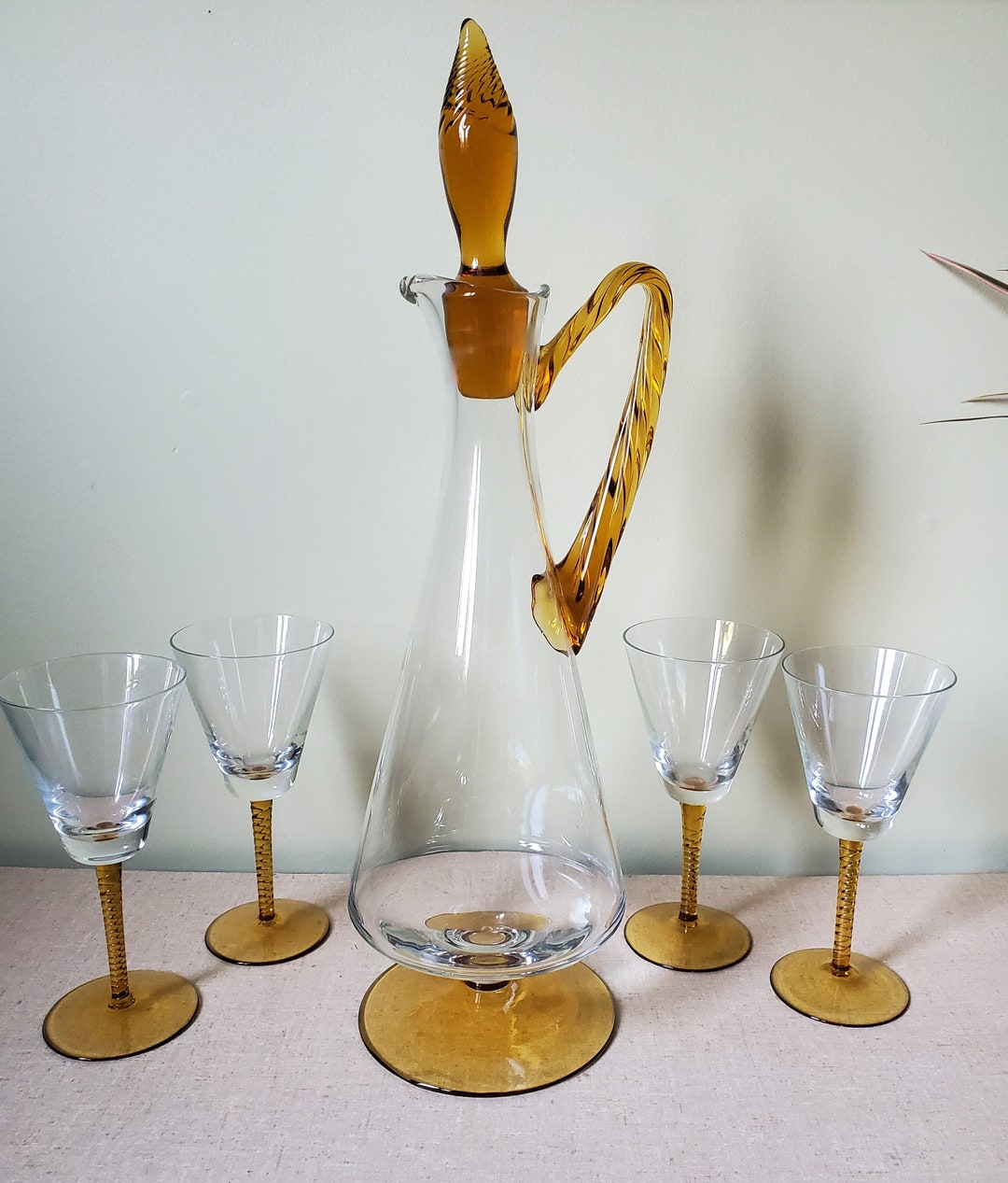 1960s Clear and Amber Wine Decanter and Glasses Refreshment Set ...