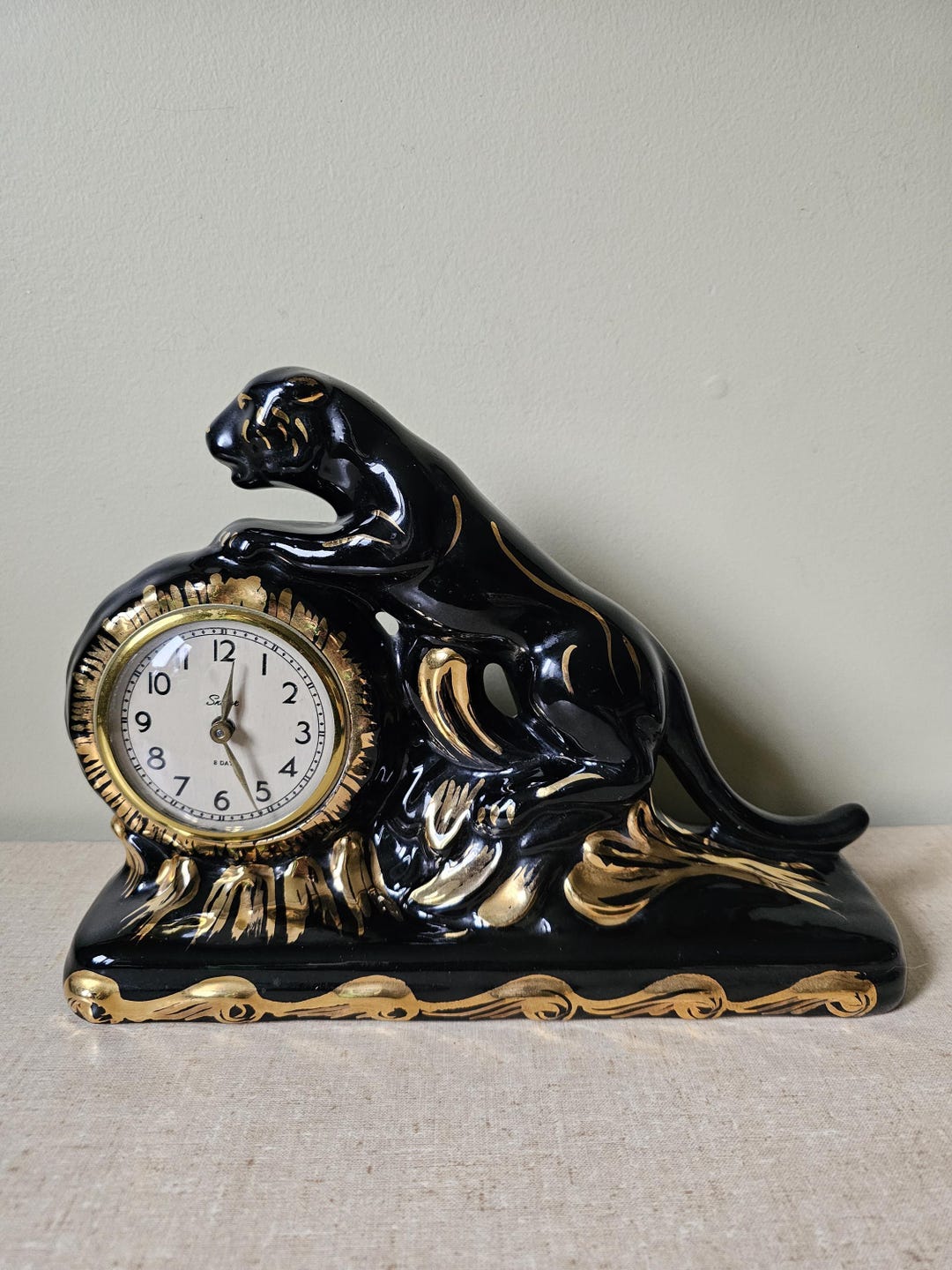 Mid Century Black Panther Mantle Clock, Wedgepoint, Handpainted ...