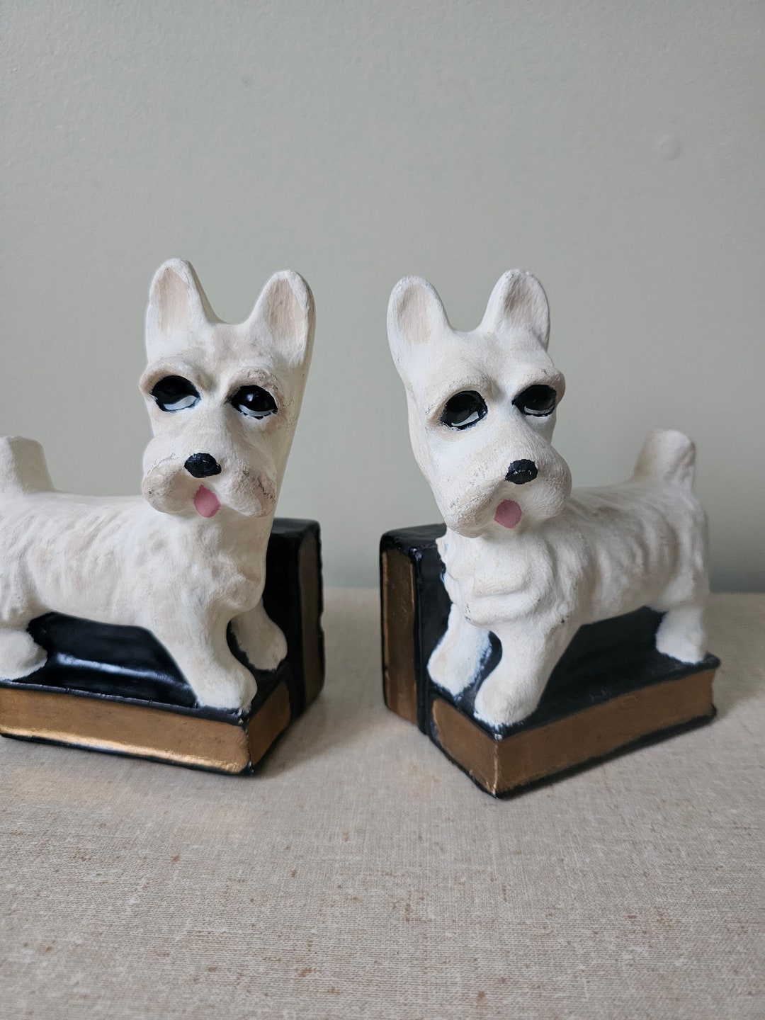 Vintage Chalkware Terrier Dog Bookends Pair White Scotty Dogs 40's ...