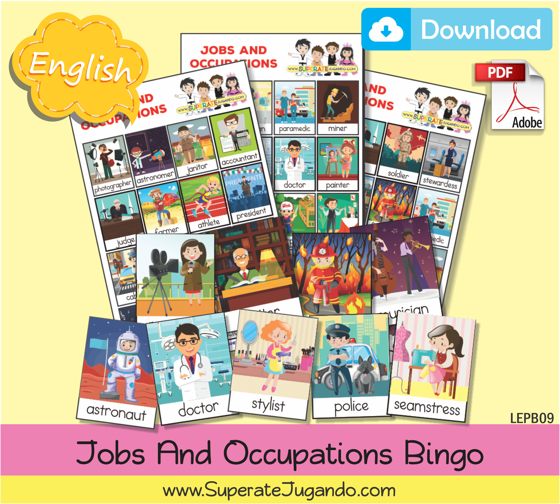 Lotería Oficios y Profesiones en INGLES para imprimir - Printable Jobs ...