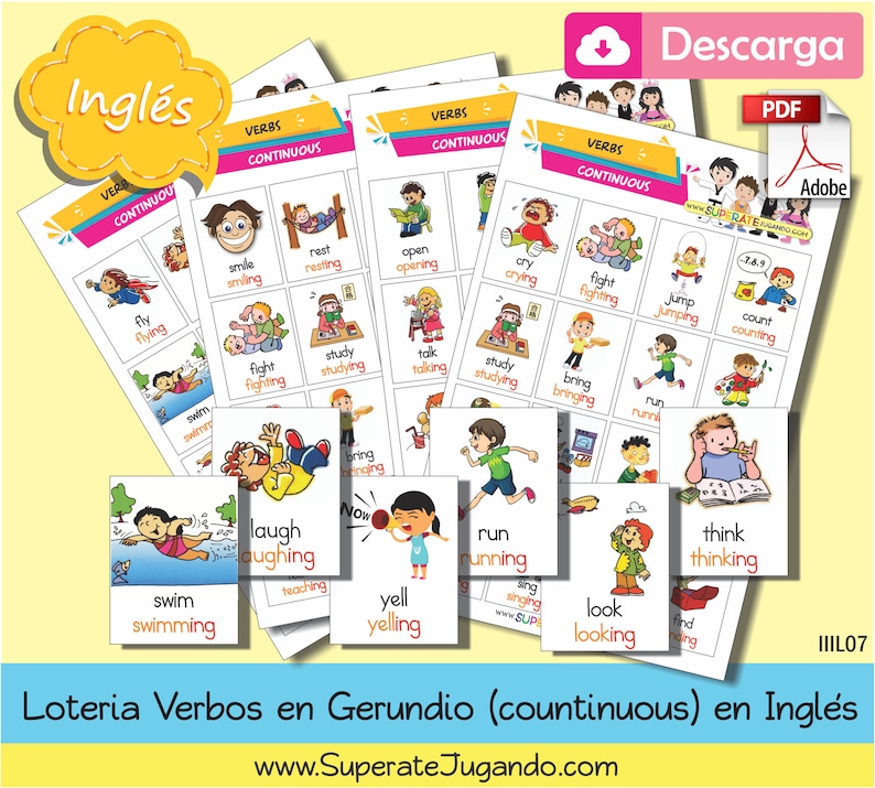 Lotería Verbos Gerundio Inglés para Imprimir - Printable Continuous ...