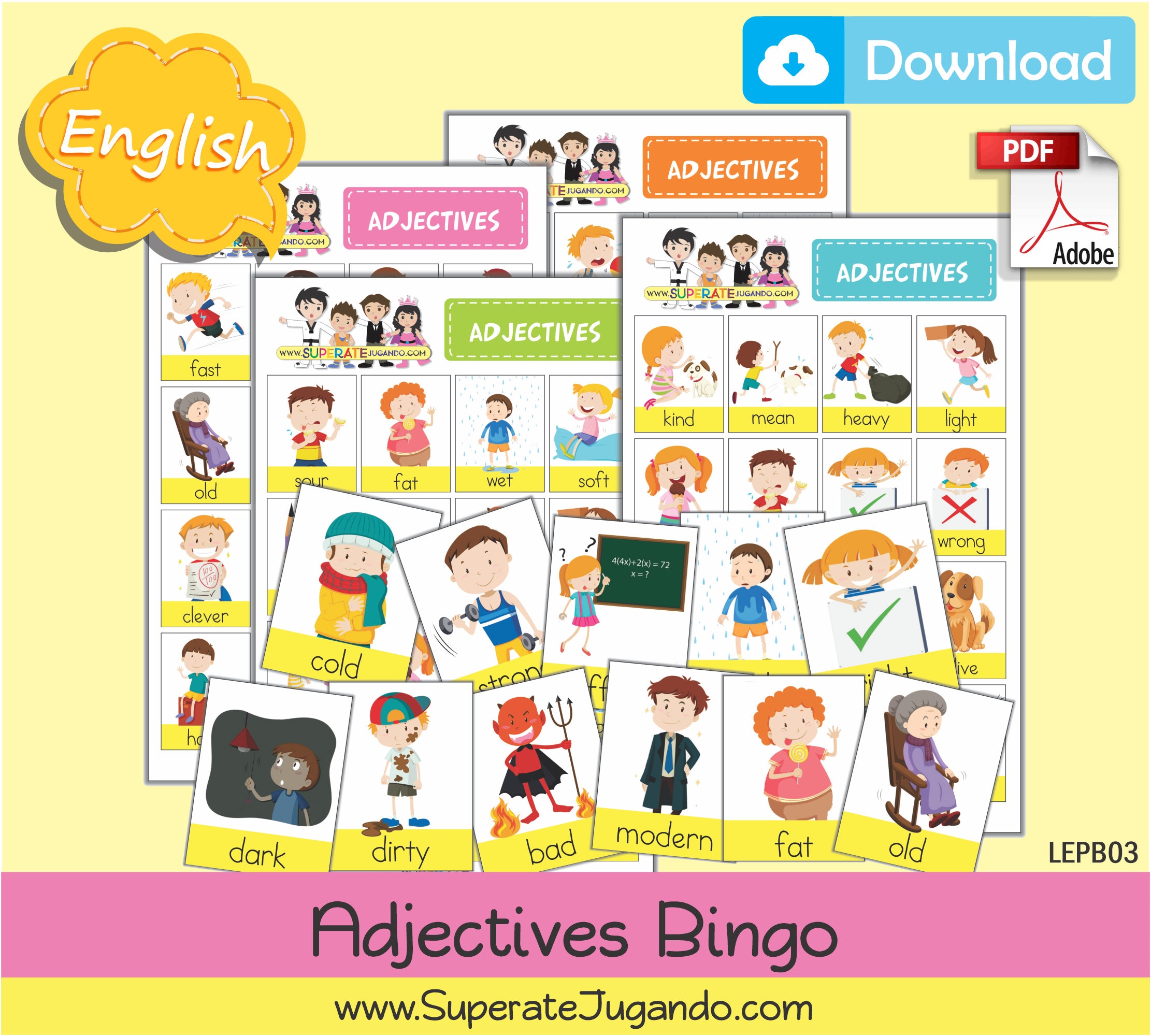 Lotería Adjetivos en INGLES para imprimir - Printable ADJECTIVES Bingo ...