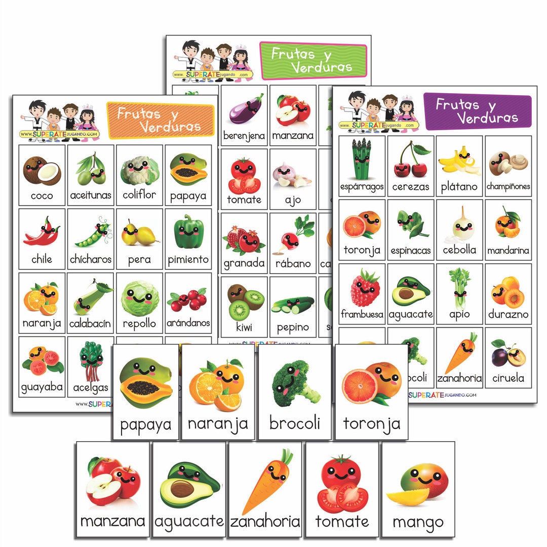 Lotería Frutas y Verduras en ESPAÑOL para imprimir - Juego de mesa para ...