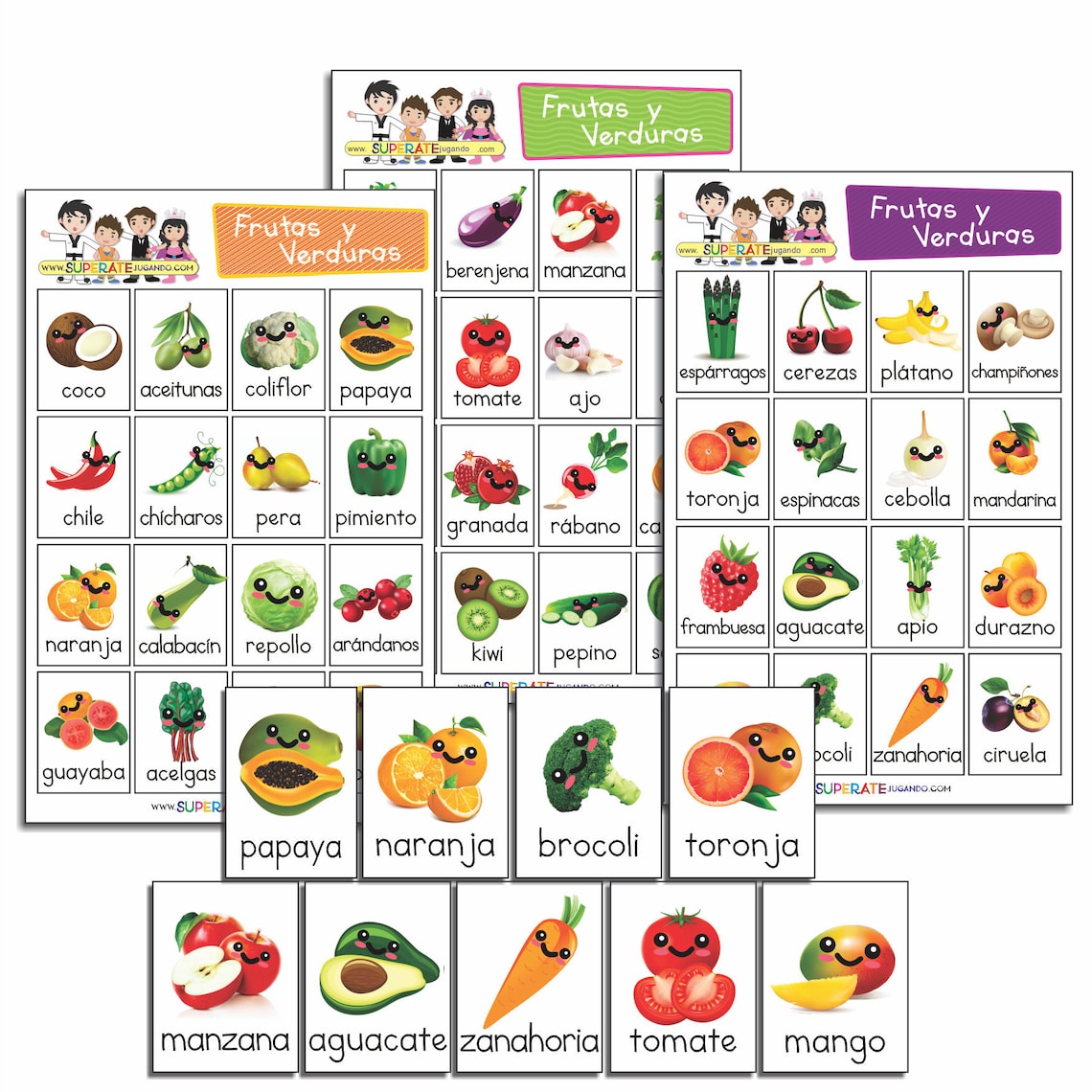Lotería Frutas y Verduras en ESPAÑOL para imprimir - Juego de mesa para ...
