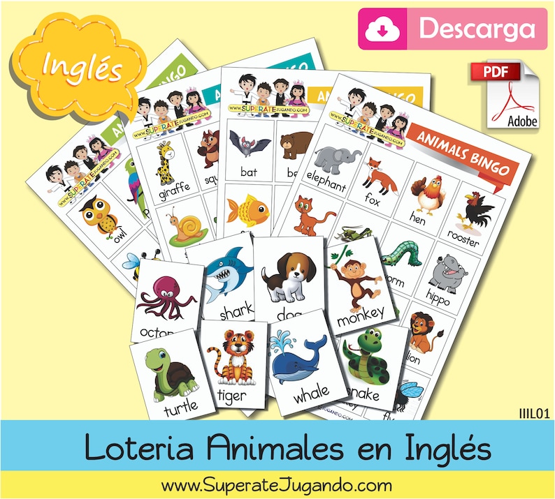 Lotería Animales en INGLES para imprimir - Printable Animals Bingo - Etsy México