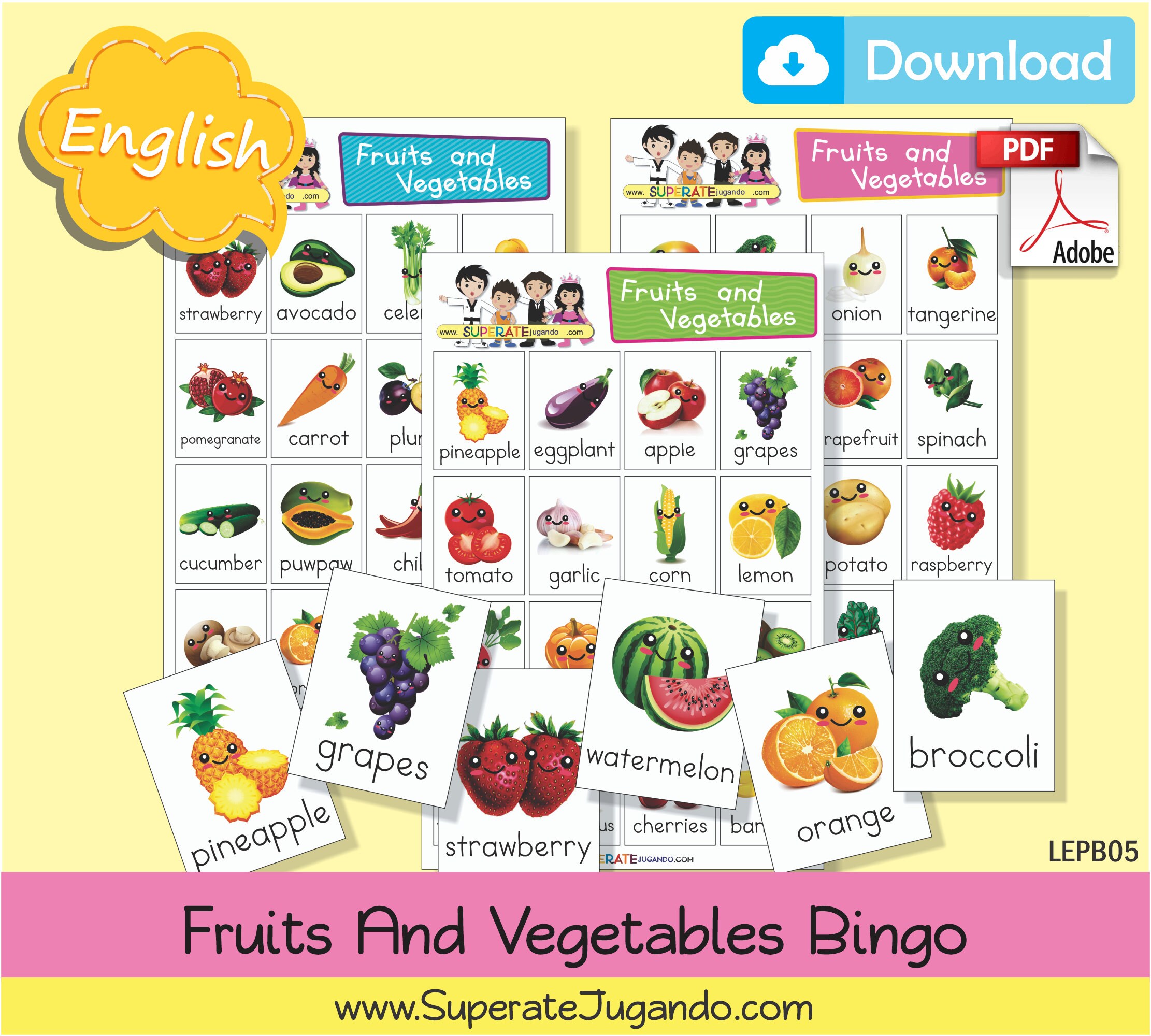 Printable Fruits and Vegetables Bingo - Lotería Frutas Y Verduras En ...