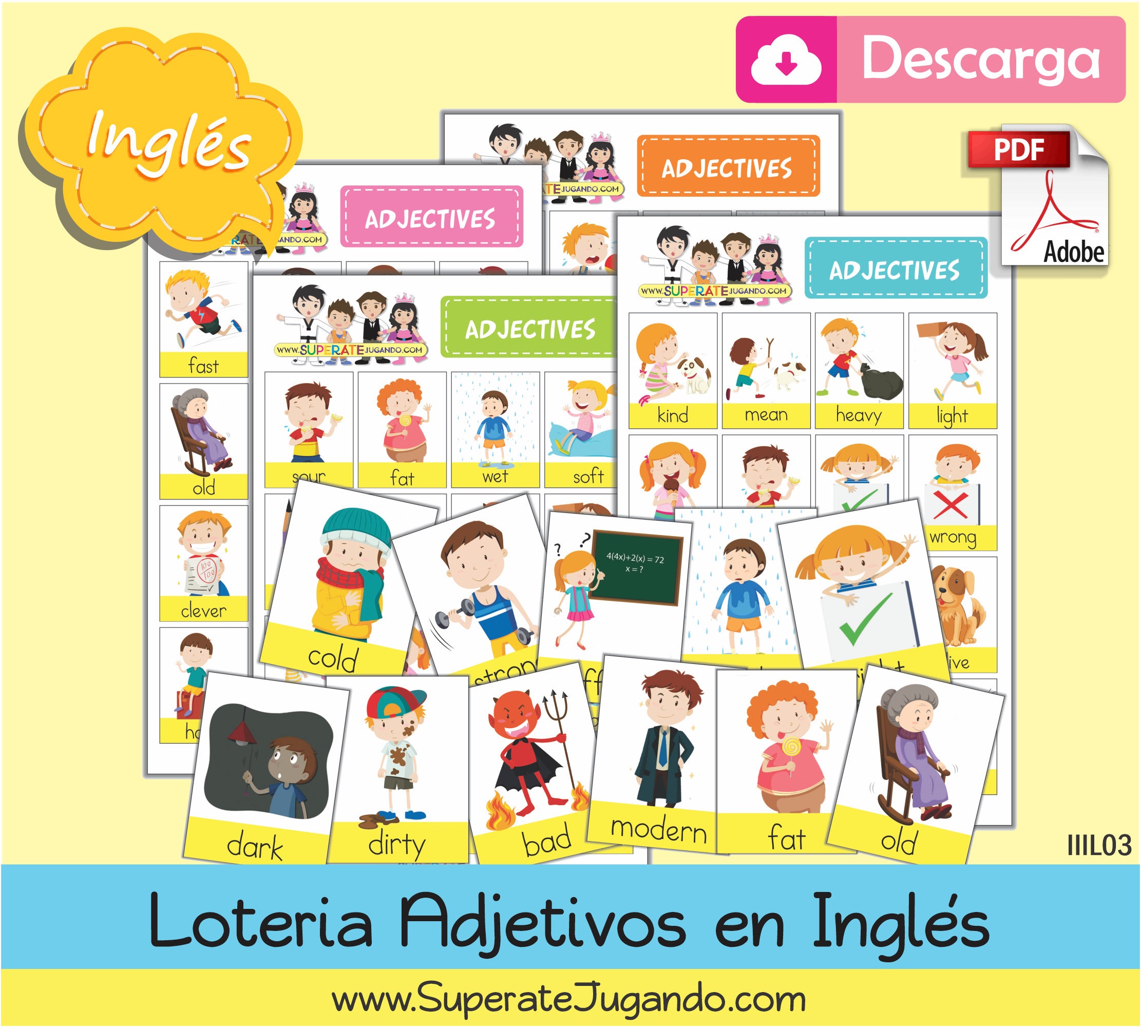Lotería Adjetivos en INGLES para imprimir Printable ADJECTIVES Bingo ...