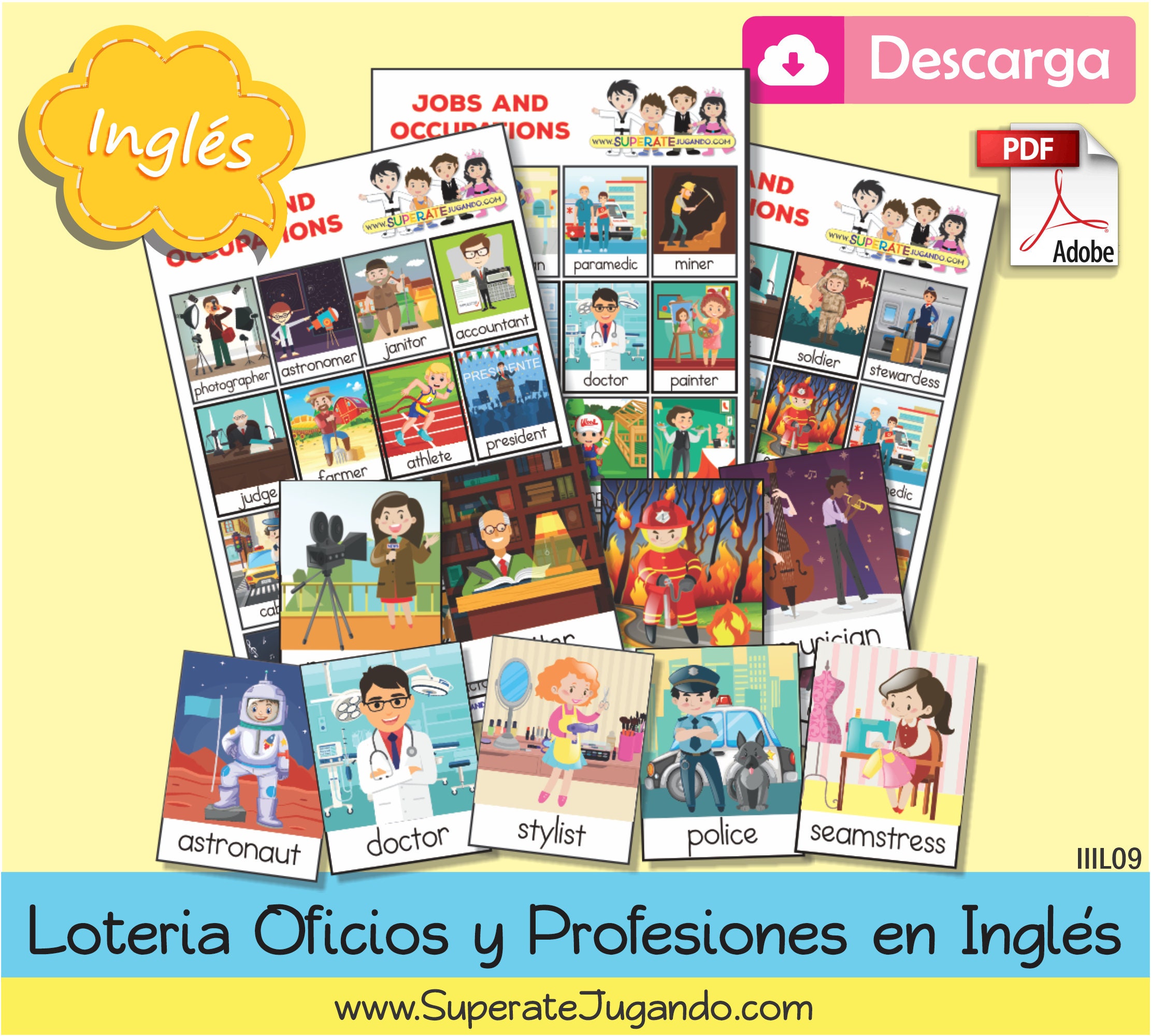 Lotería Oficios y Profesiones en INGLES para imprimir - Printable Jobs ...