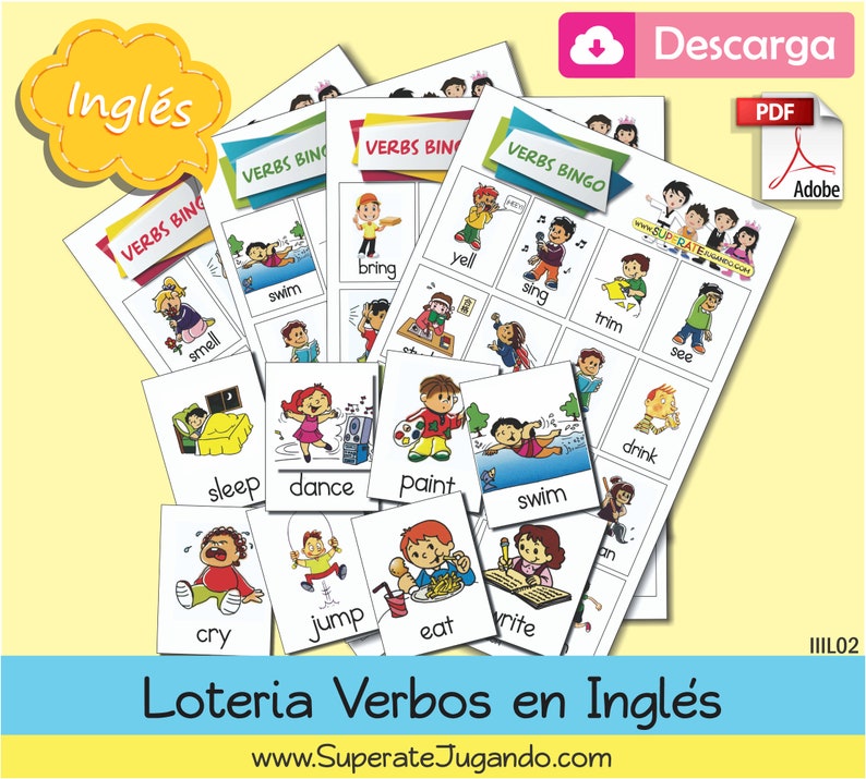 Lotería Verbos / Acciones en INGLES para imprimir - Printable VERBS ...