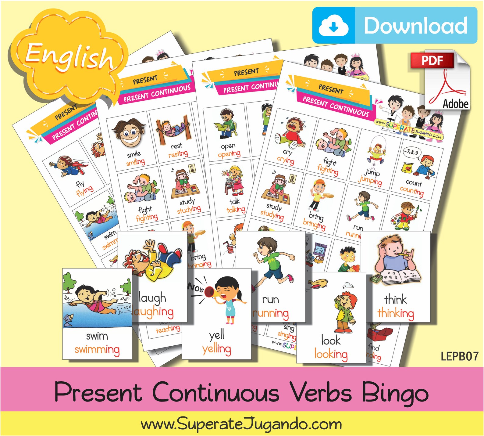 Printable Continuous Verbs Bingo - Lotería Verbos Gerundio Inglés Para ...
