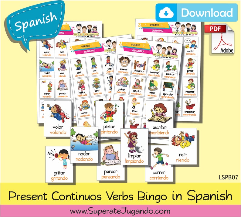 Spanish Continuous Verbs Bingo Printable / SPANISH Loteria Verbos ...