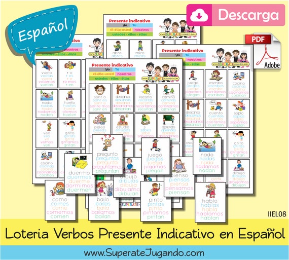 SPANISH Printable Present Indicative Verbs Bingo/loteria Verbos