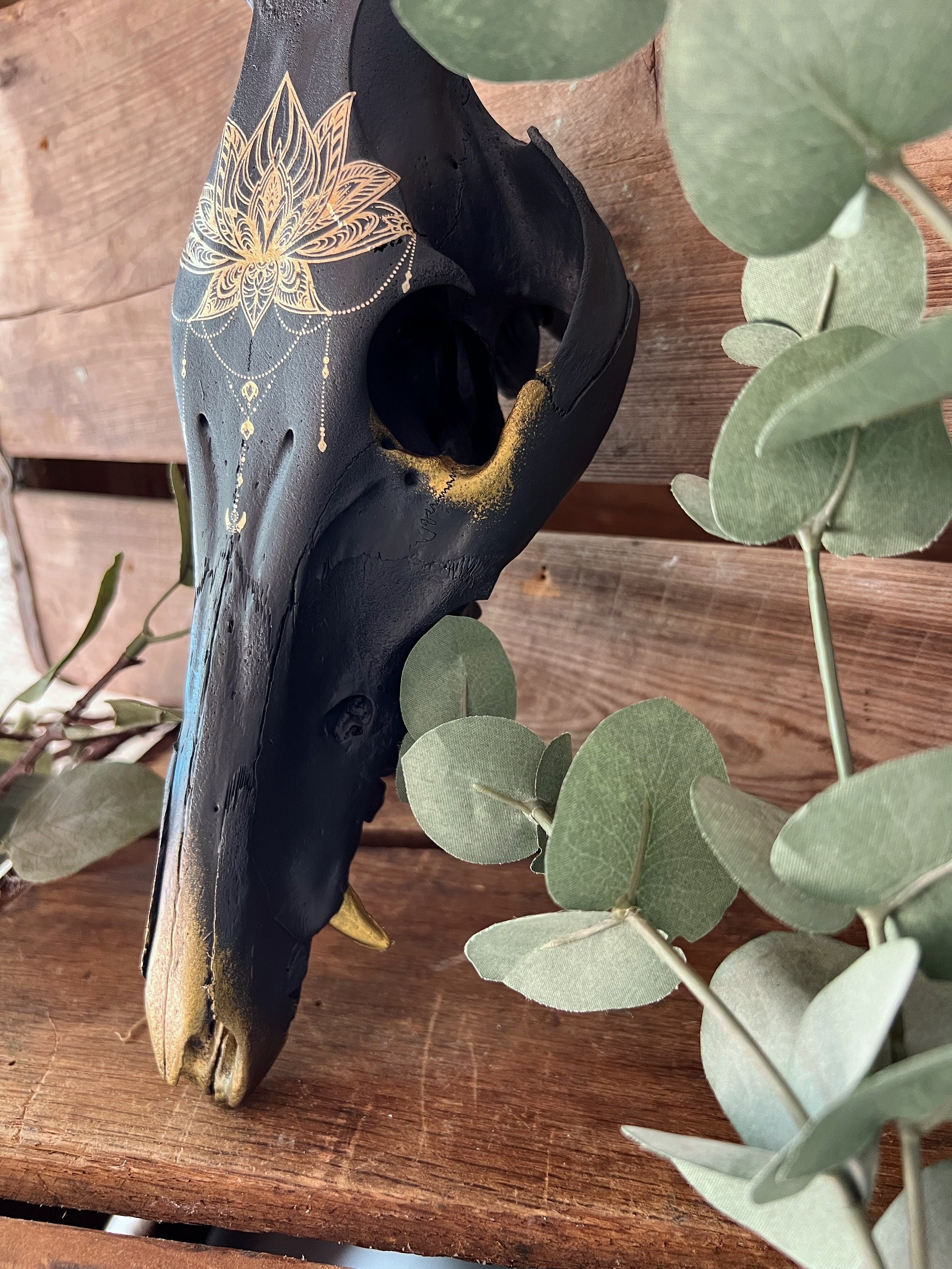 Painted Wild Hog Skull Gold and Charcoal Boho Lotus Flower Design With ...