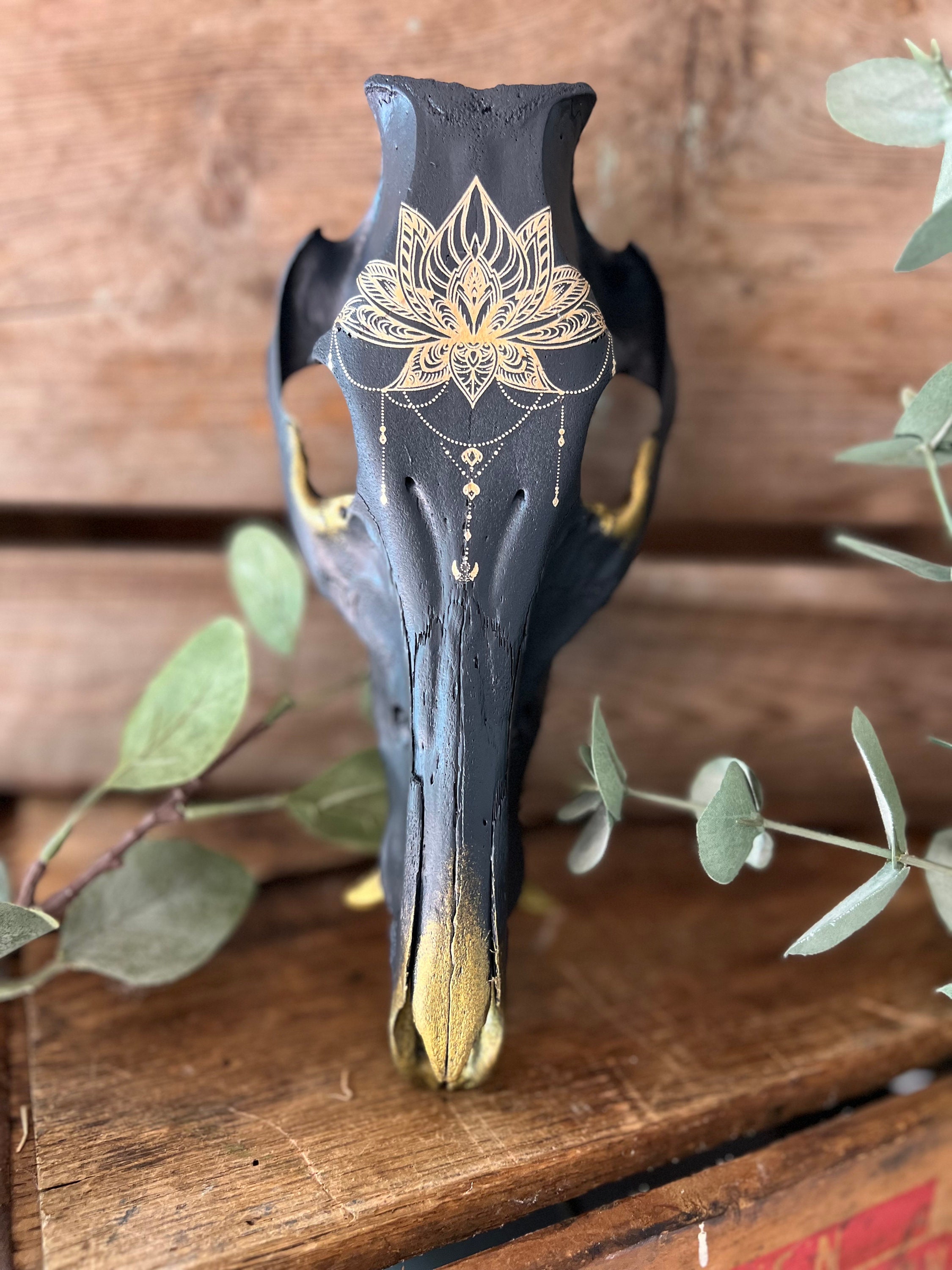 Painted Wild Hog Skull Gold and Charcoal Boho Lotus Flower Design With ...