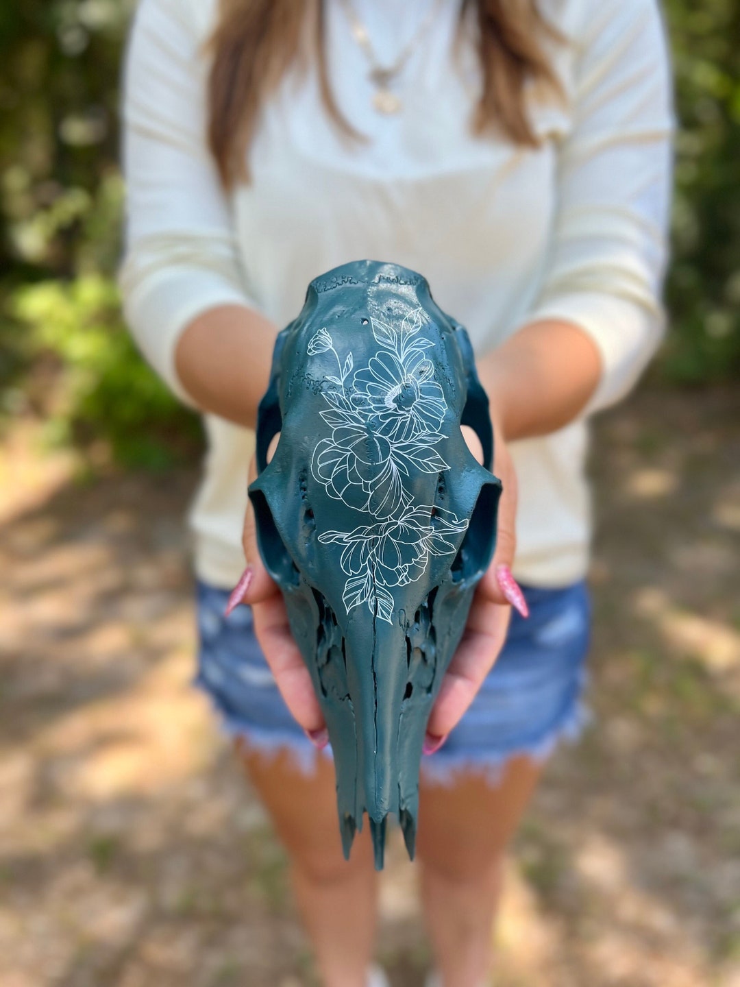 Teal Painted Whitetail Deer Doe Skull White Rose Tattoo Inspired Design ...