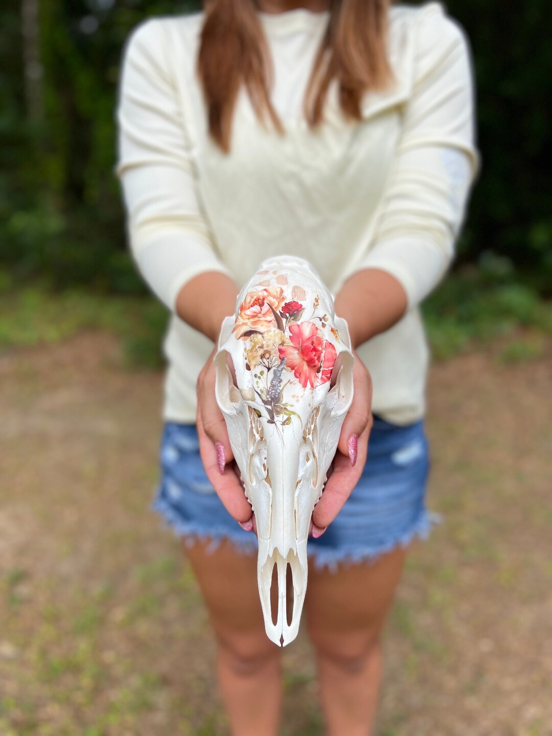 Pink Wildflower Whitetail Deer Doe Skull - Watercolor Inspired Floral ...