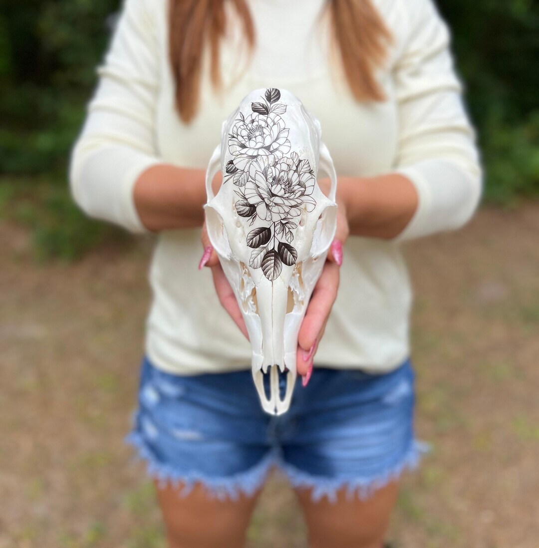 Decorated Whitetail Deer Doe Skull - Tattoo Inspired Design - Cottage ...