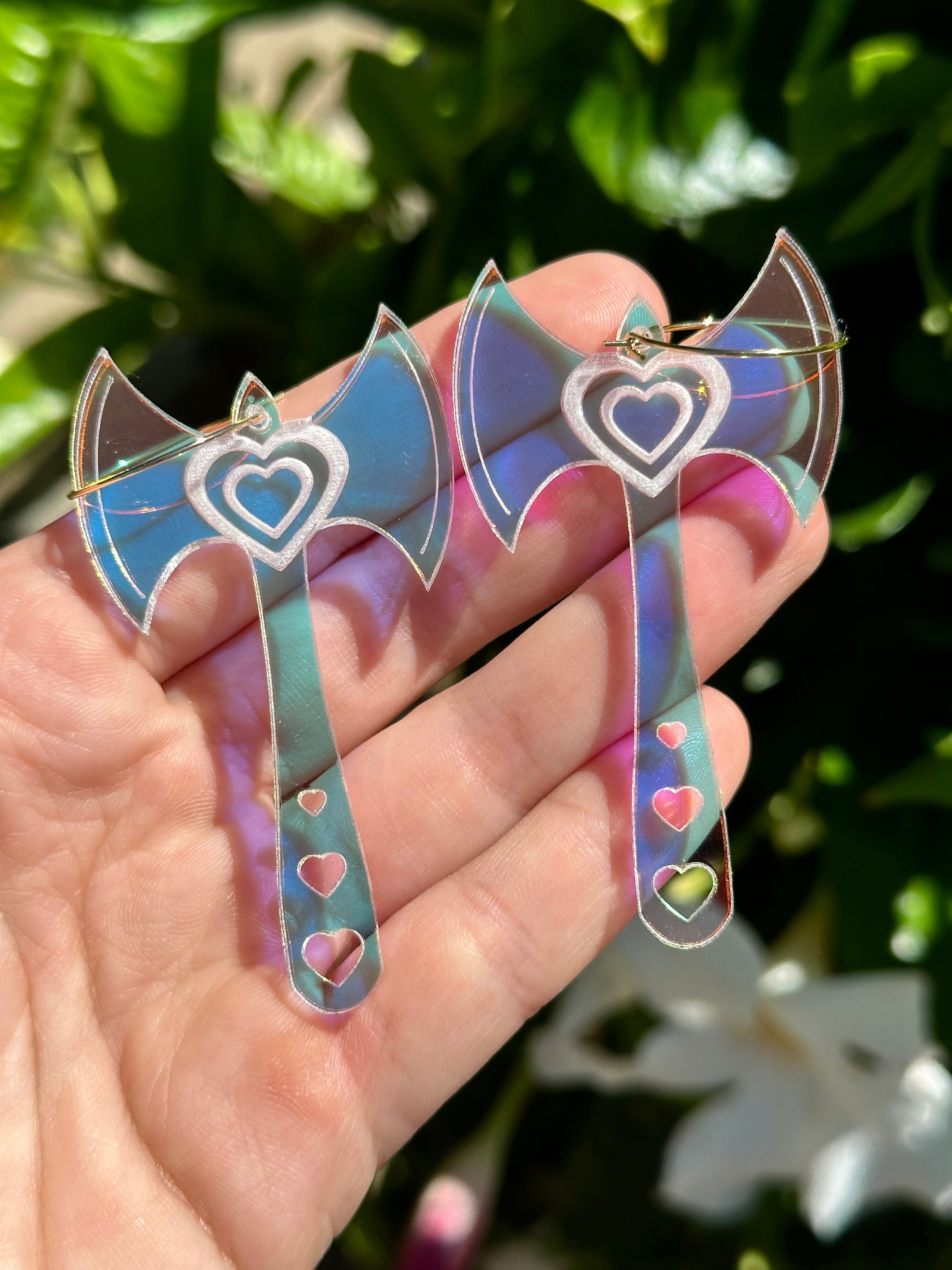 Iridescent Heart Double Axe Earrings - Etsy