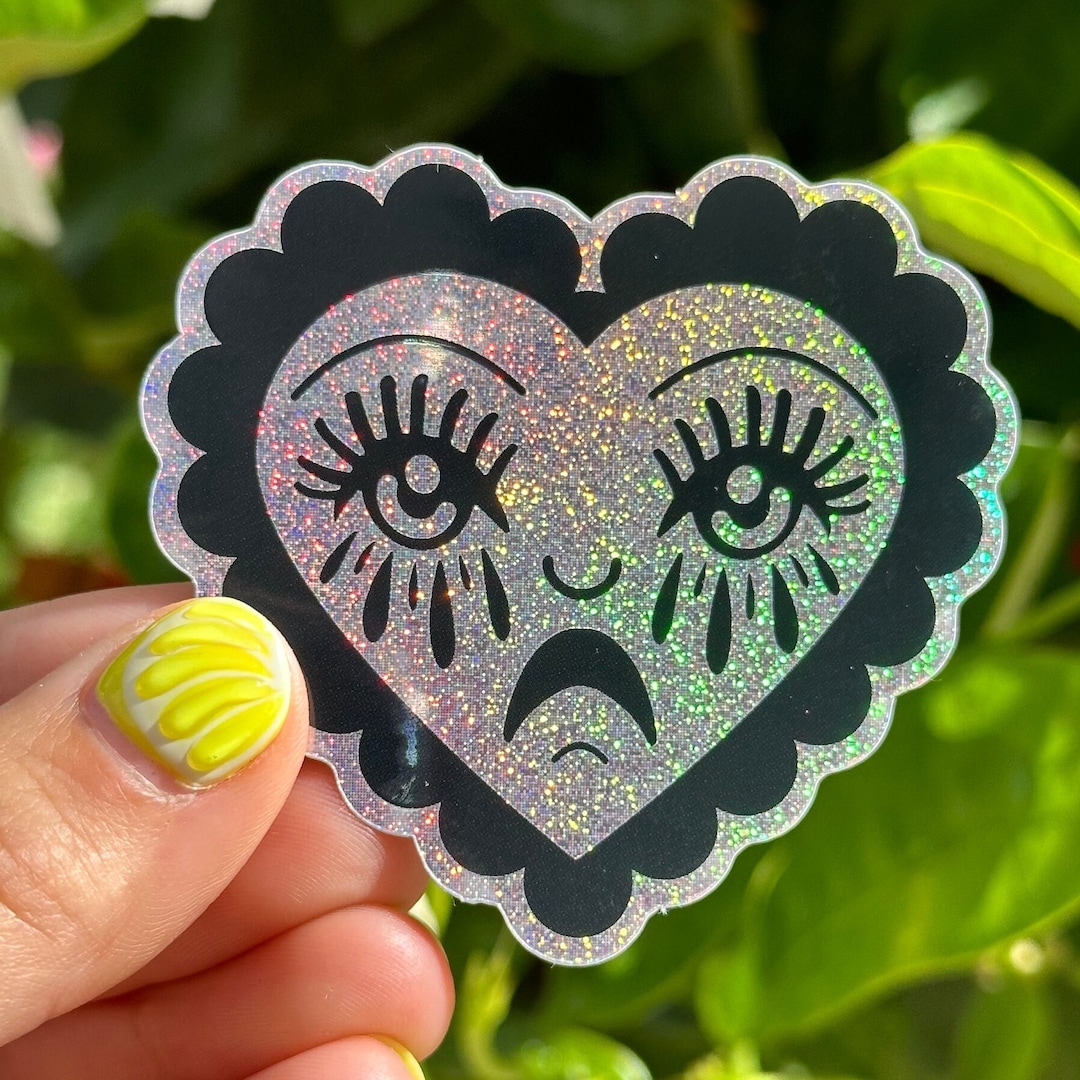 Crying Heart Scalloped Glittery Heart Sticker - Etsy