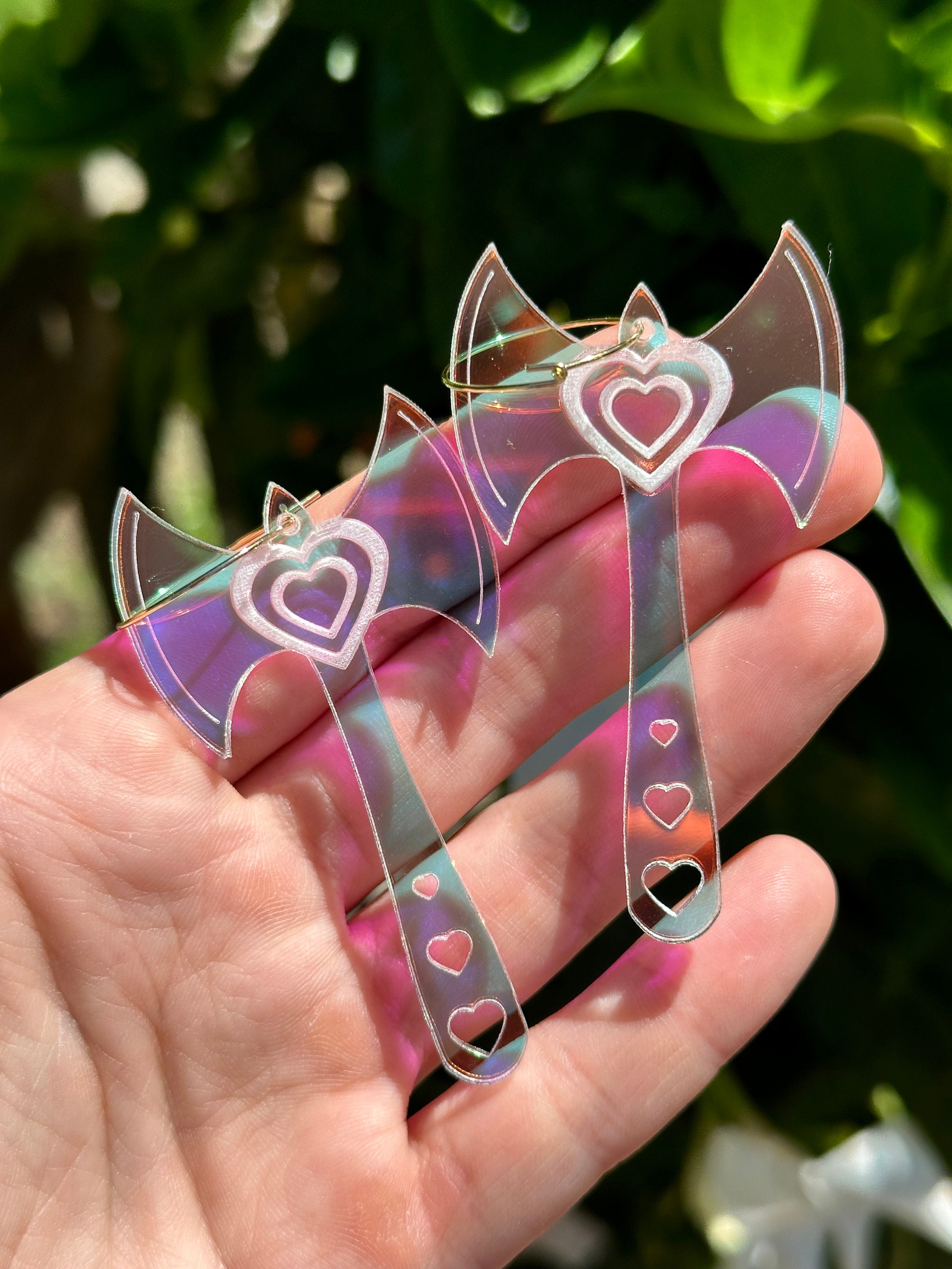 Iridescent Heart Double Axe Earrings - Etsy