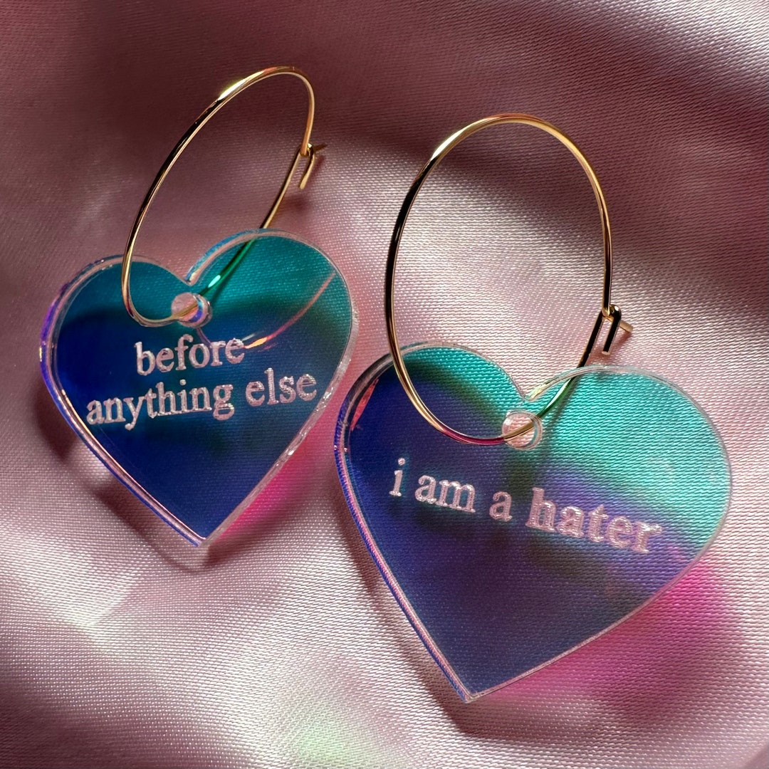 Iridescent Before Anything Else I Am A Hater Heart Hoop Earrings - Etsy