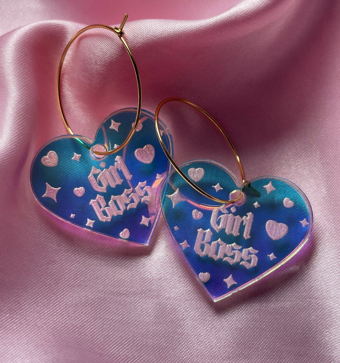 Iridescent Girl Boss Heart Hoop Earrings - Etsy