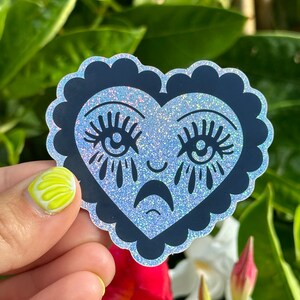 Crying Heart Scalloped Glittery Heart Sticker - Etsy
