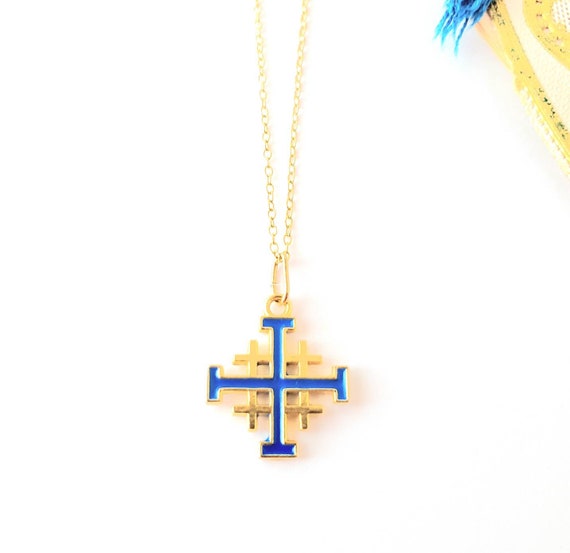 Enameled Jerusalem cross in blue ( vintage 70's ) - Gem