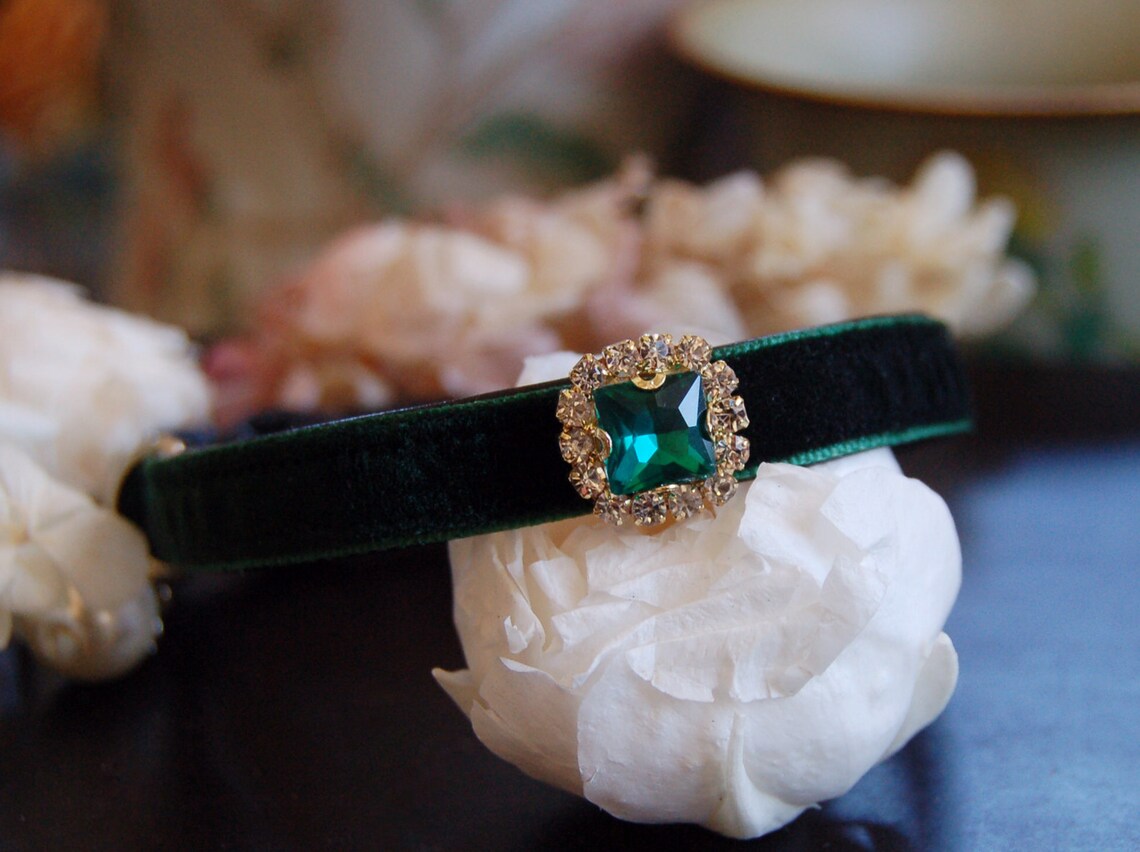 Beautiful Rhinestone Cat Collarblack Green Velvet Small Dog - Etsy